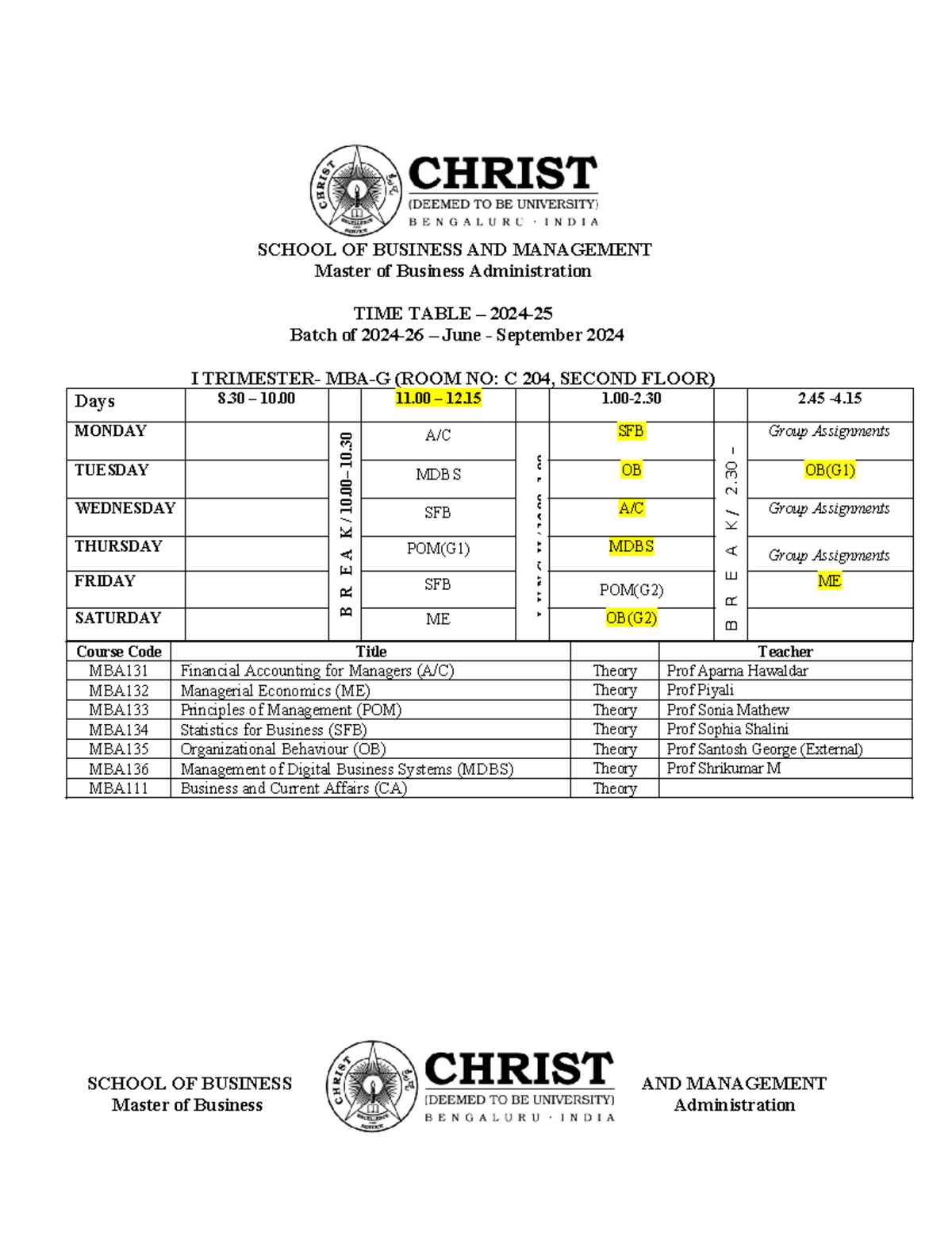 TIME Table I TRIM Central campus -2024 for Midterm Week - SCHOOL OF ...