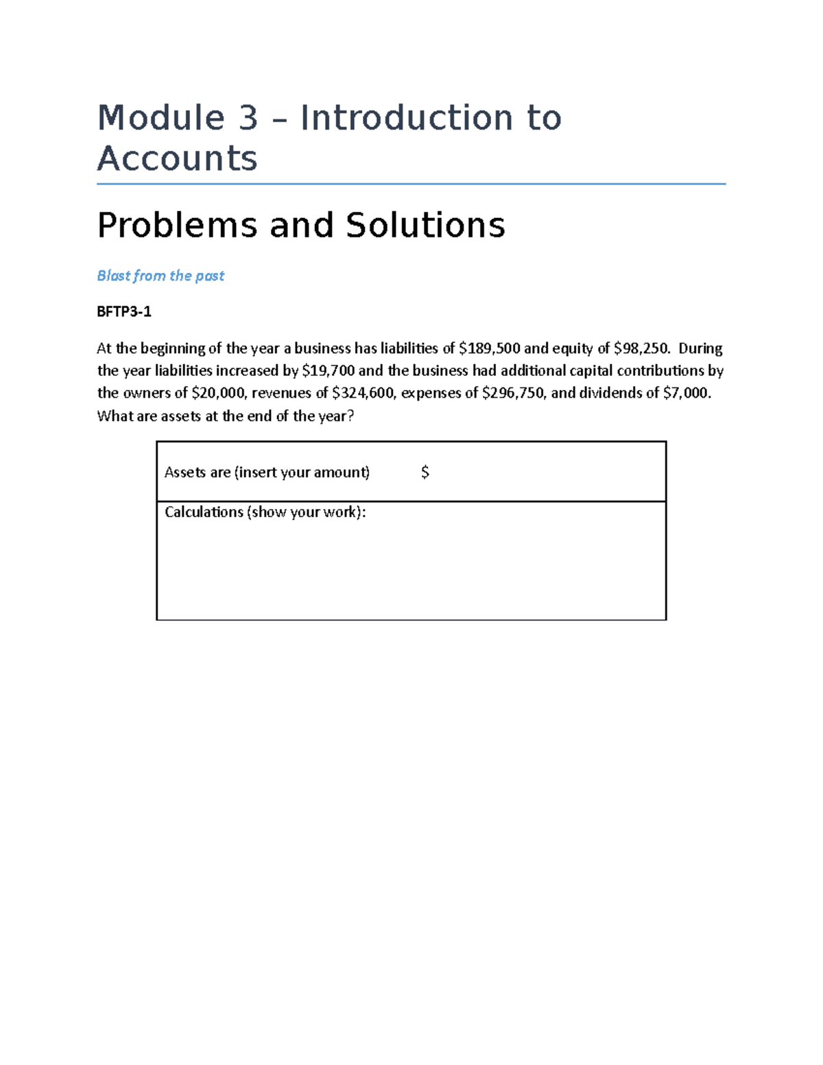 Module 3 - Problems and Solutions - Module 3 – Introduction to Accounts ...