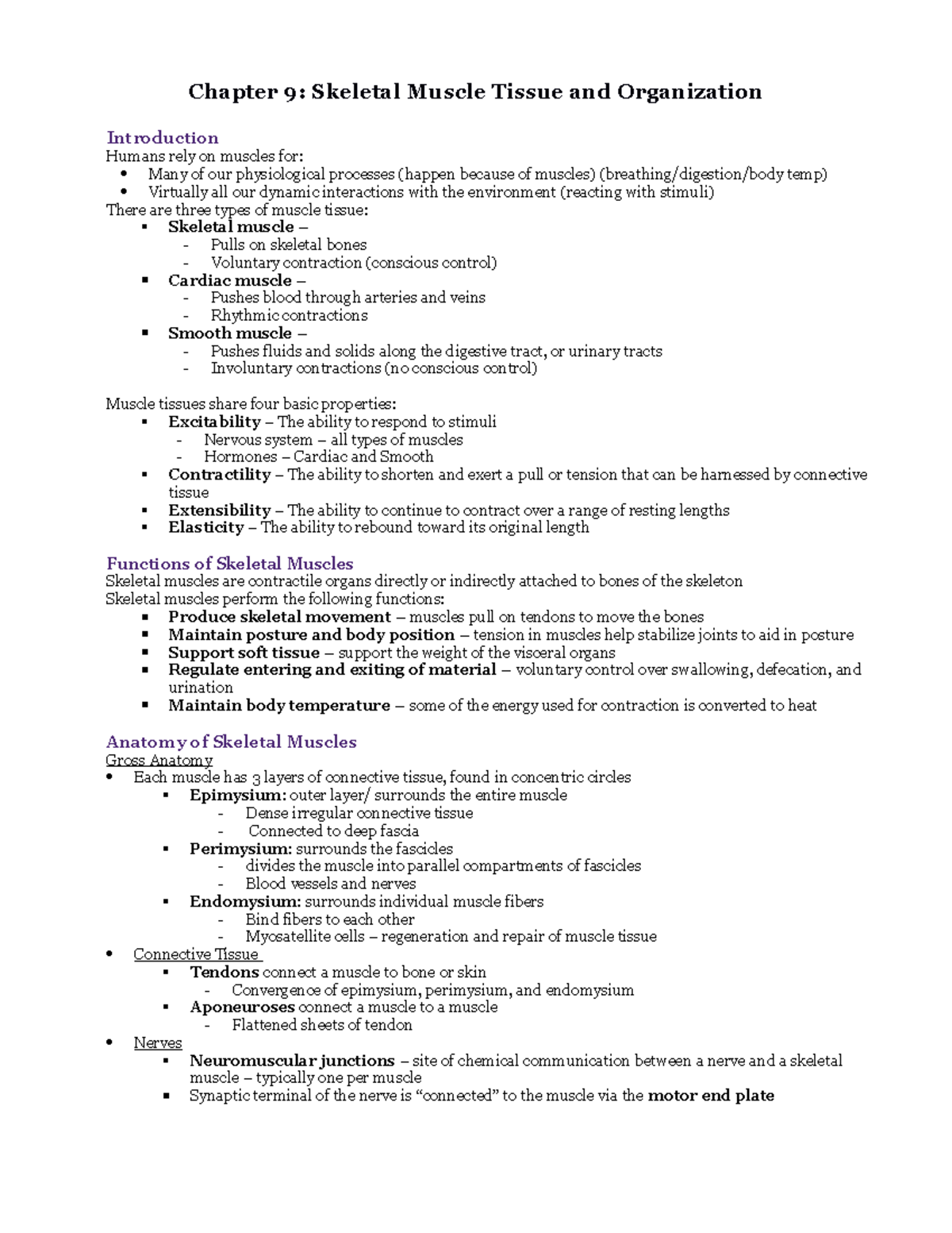 Chapter 9 Notes - Chapter 9: Skeletal Muscle Tissue and Organization ...