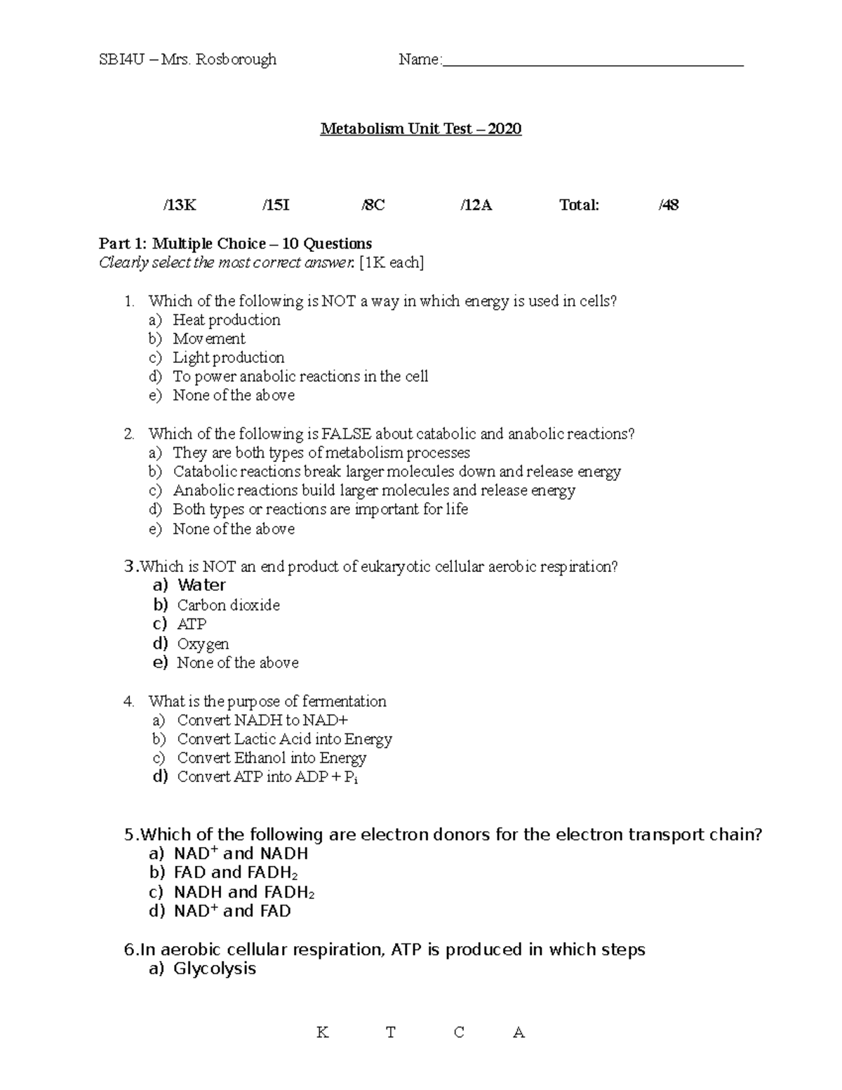 Metabolism Unit Test - 2020 - Metabolism Unit Test – 2020 /13K /15I /8C ...