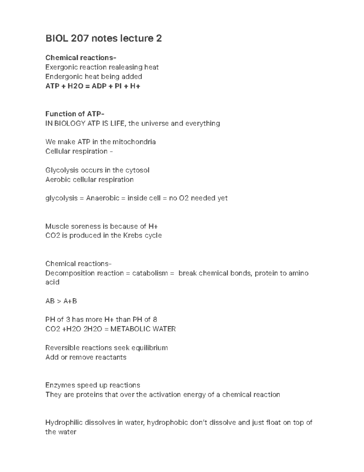 BIOL 207 notes lecture 2 - BIOL 207 notes lecture 2 Chemical reactions ...