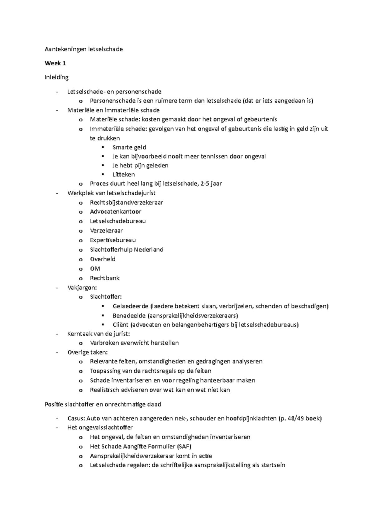 Aantekeningen letselschade - Inholland - Studeersnel