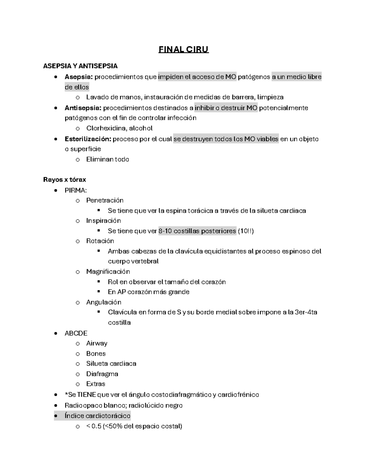 Final ciru - notas de lecturas - FINAL CIRU ASEPSIA Y ANTISEPSIA Asepsia: procedimientos que ...