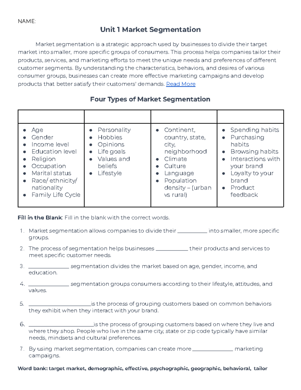 Market Segmentation Unit 1 Worksheet - NAME: Unit 1 Market Segmentation ...