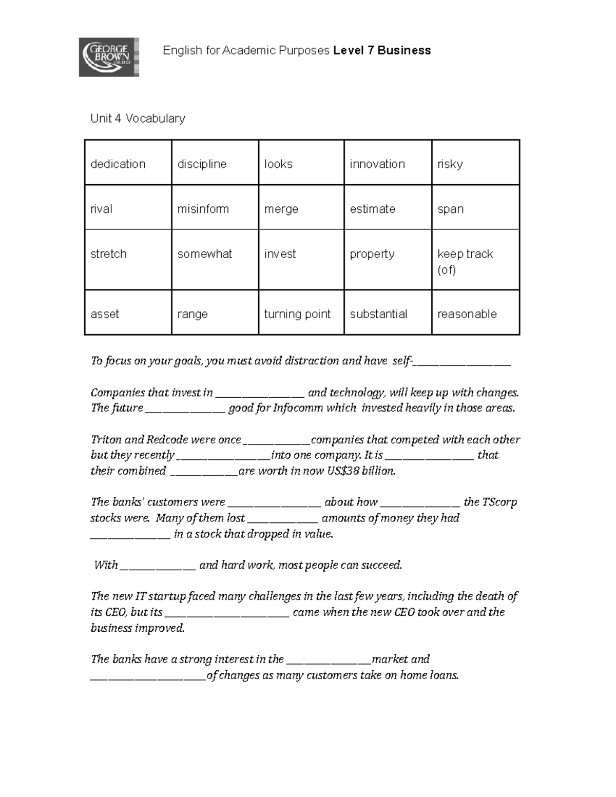 Vocab Unit 4 Review - English for Academic Purposes Level 7 Business ...
