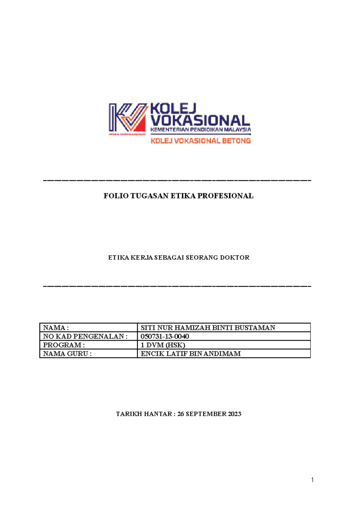 Folio Etika kolej vokasional - - Studocu