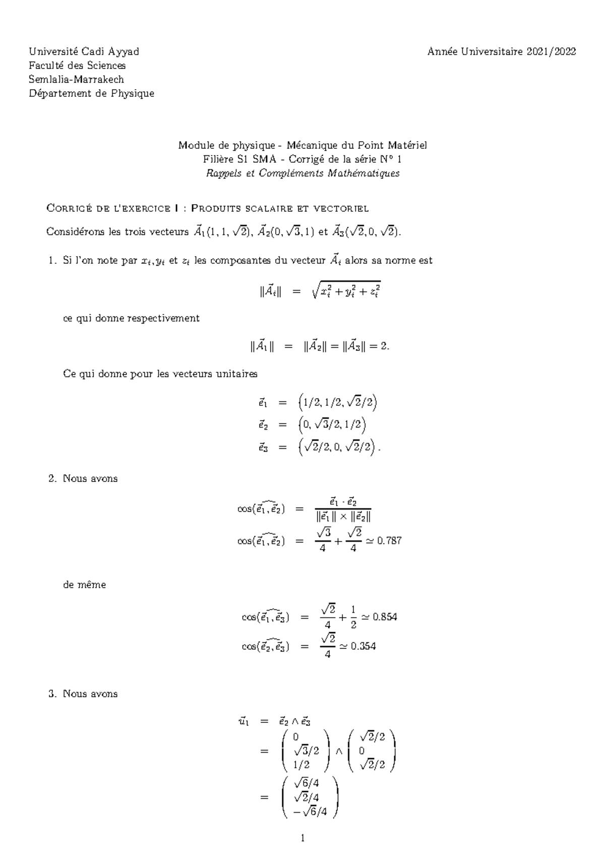 Sol1 21 22 - Module de physique - M´ecanique du Point Mat´eriel Fili ...