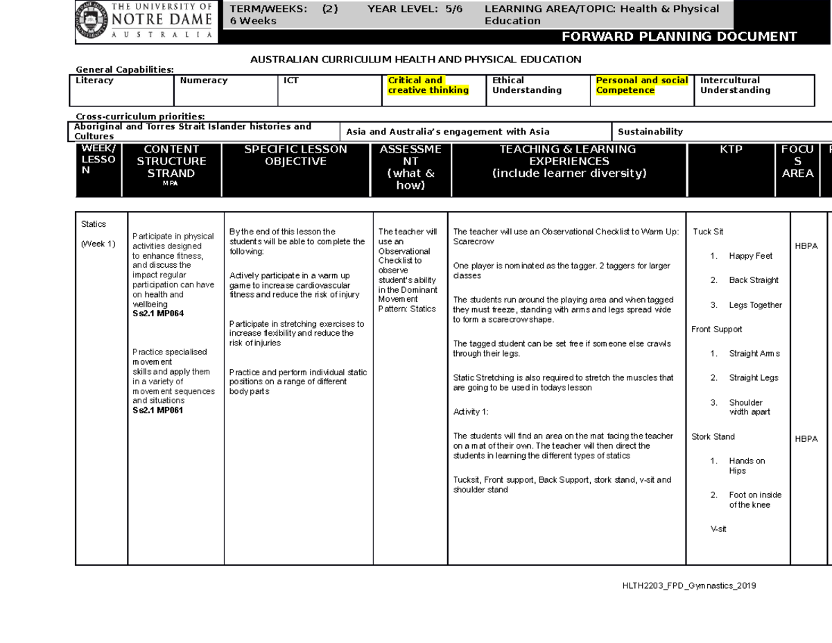 HPE Forward Planning Document EDUC2623 Notre Dame StuDocu
