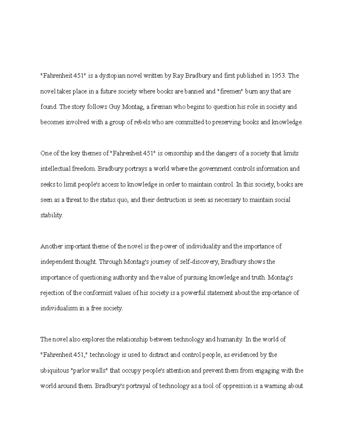 Analysis on Ferenheit 451 by Ray Bradbury - "Fahrenheit 451" is a ...