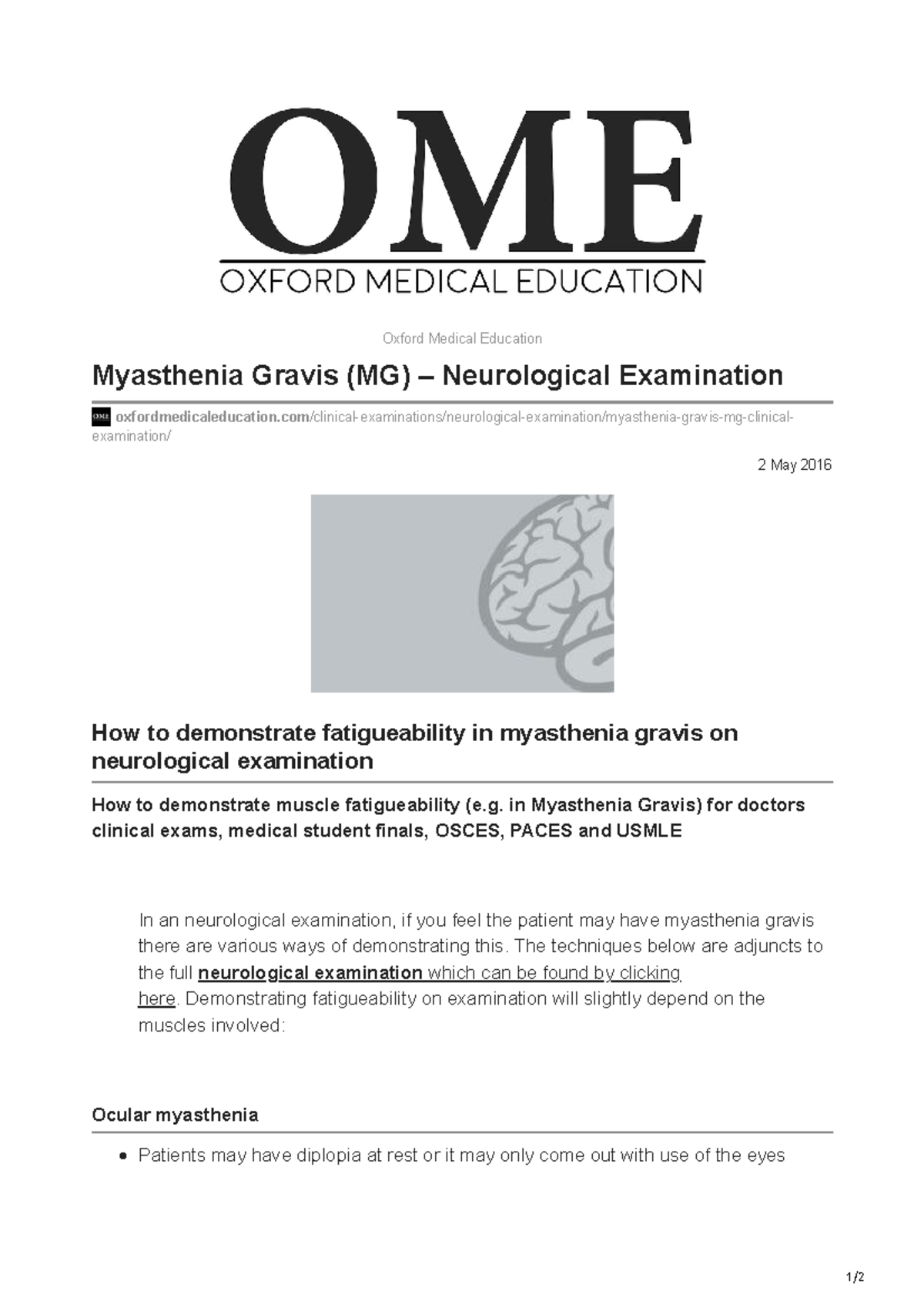 Oxfordmedicaleducation.com-Myasthenia Gravis MG Neurological ...