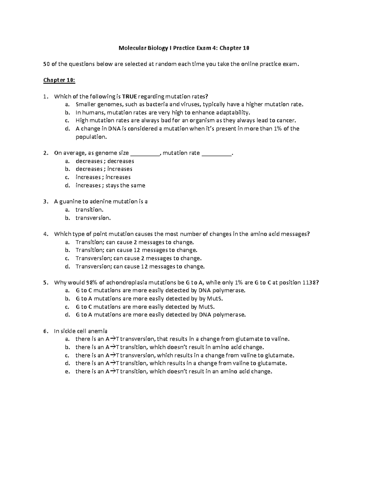 Molec Practice Exam 4 - Molecular Biology I Practice Exam 4: Chapter 10 ...