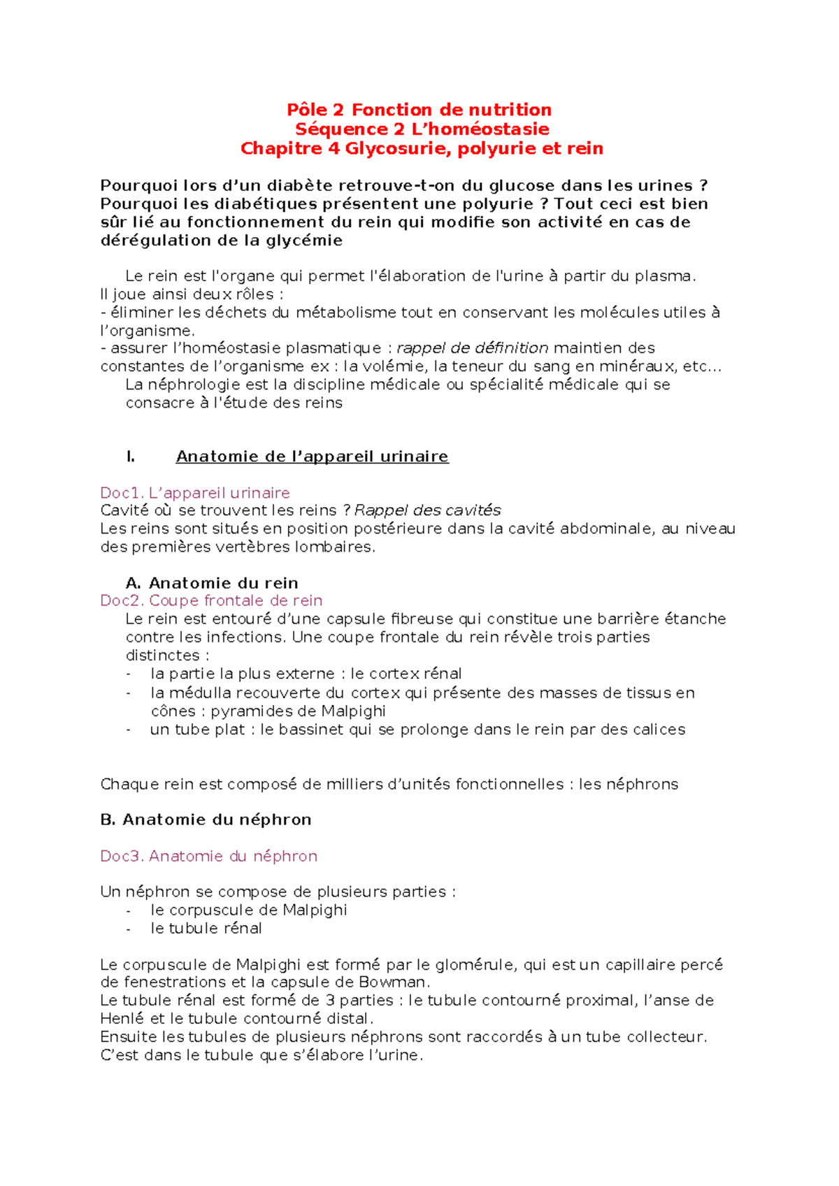 Cours rein - Pôle 2 Fonction de nutrition Séquence 2 L’homéostasie ...