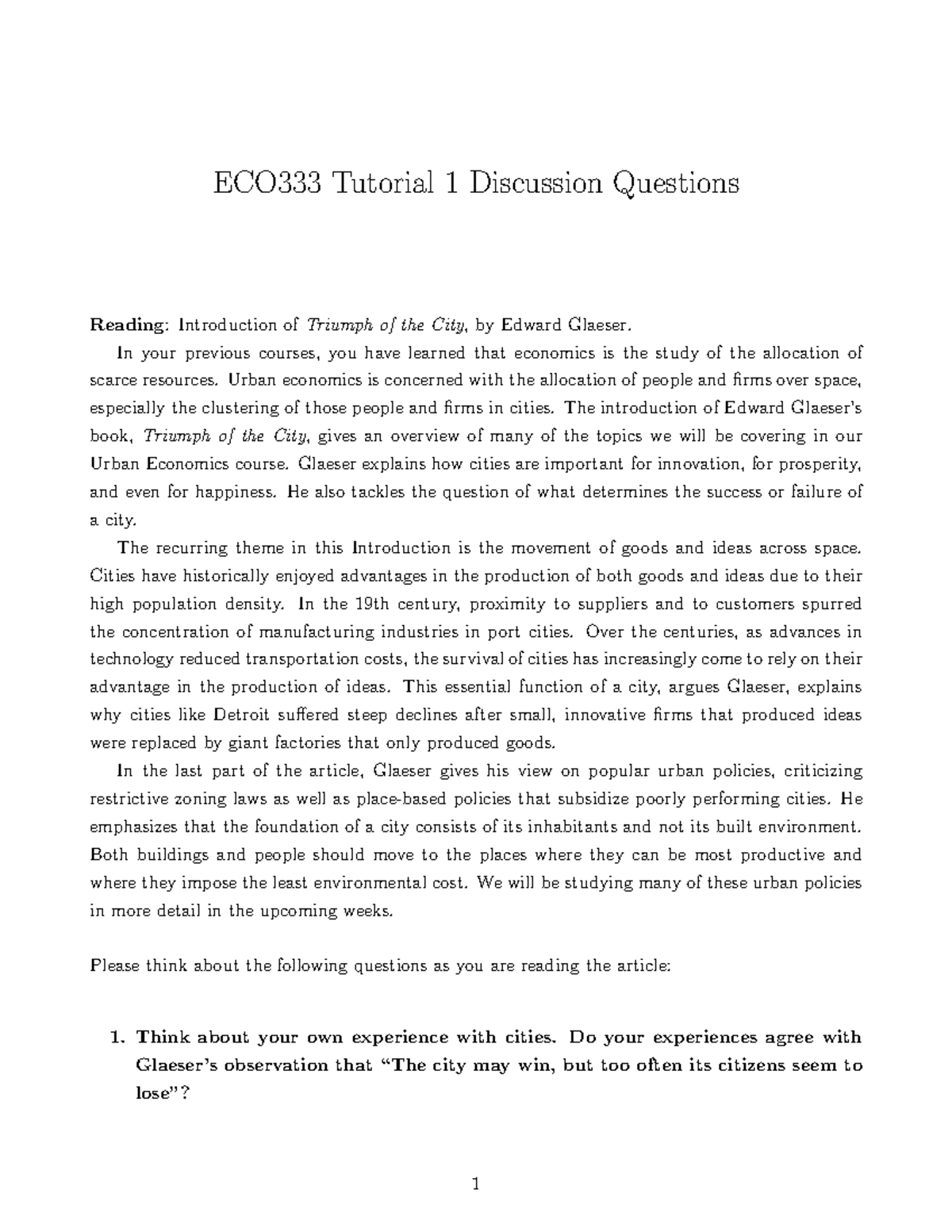 ECO333 Tutorial 1 Fall2022 - ECO333 Tutorial 1 Discussion Questions Reading: Introduction of ...
