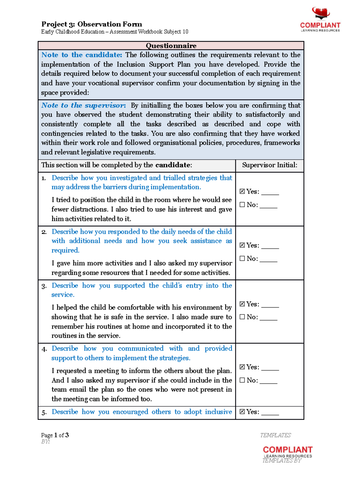 S10 Project 3 Observation Formv 1 - Project 3: Observation Form Early ...