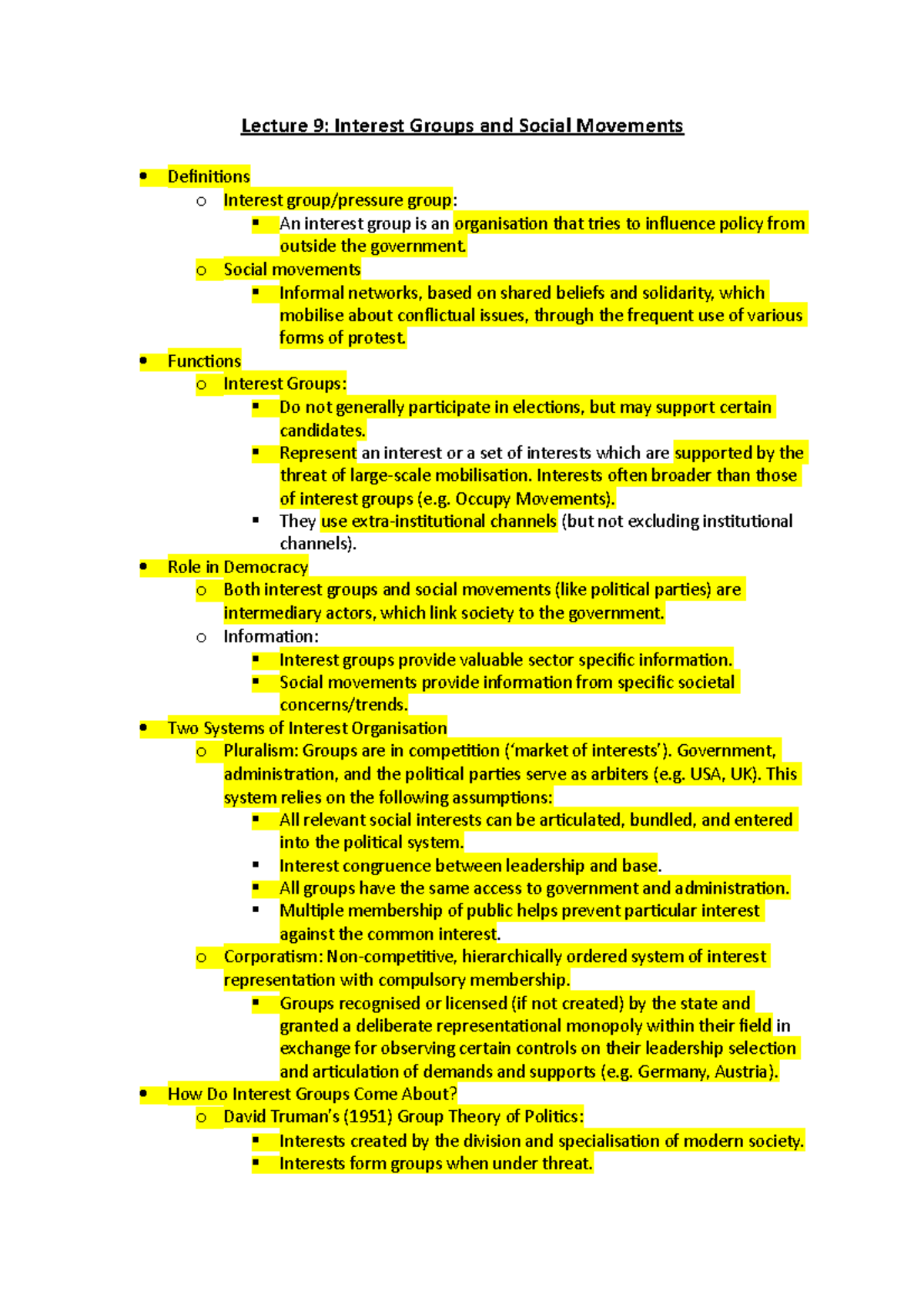 Lecture 9- Interest Groups and Social Movements - Lecture 9: Interest ...