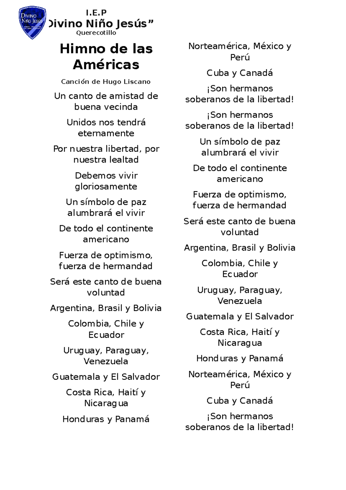 Himno de las Américas - I.E “Divino Niño Jesús” Querecotillo Himno de ...