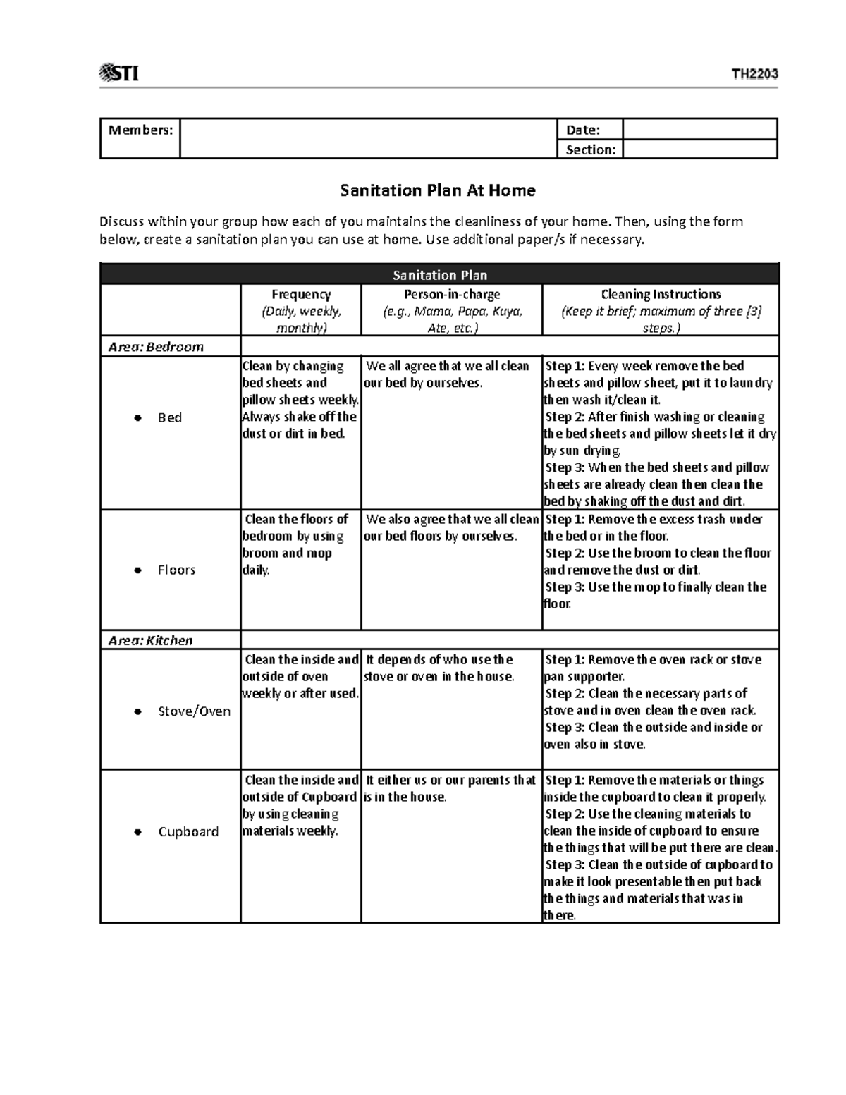 Group Activity - Members: Date: Section: Sanitation Plan At Home ...