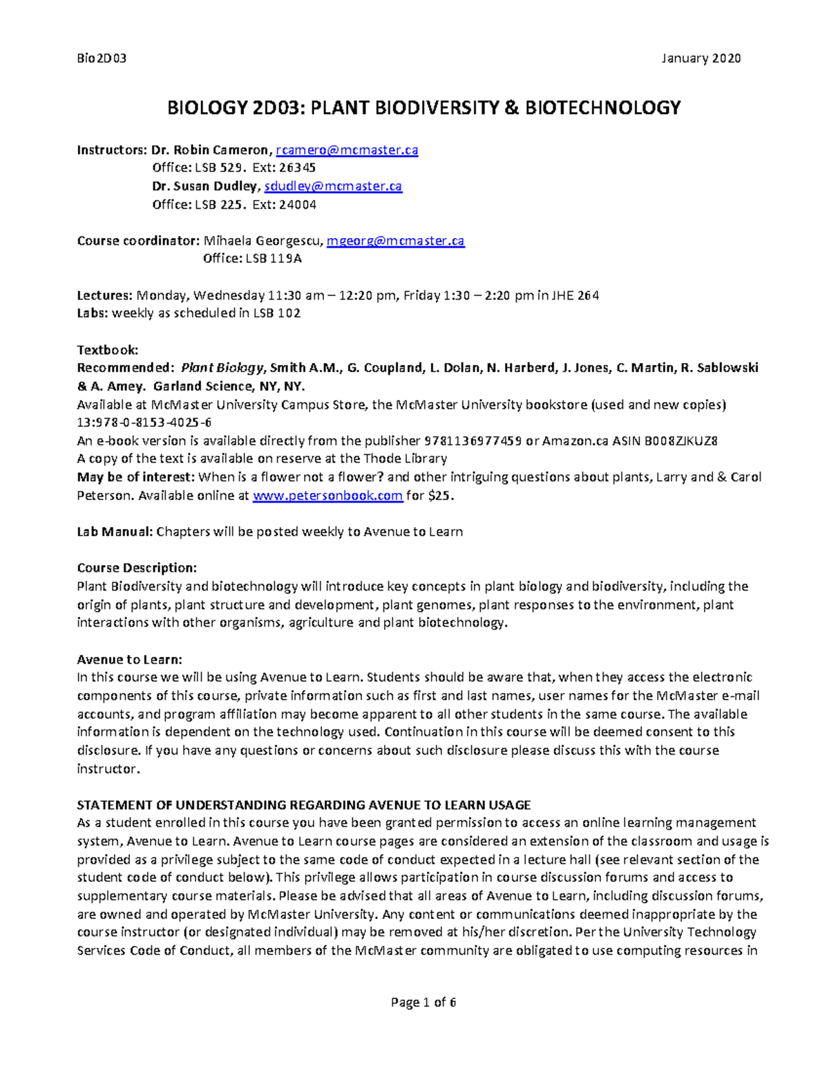 Bio 2D03 Course Outline W2020 - Warning: TT: undefined function: 32 BIOLOGY 2D03: PLANT ...