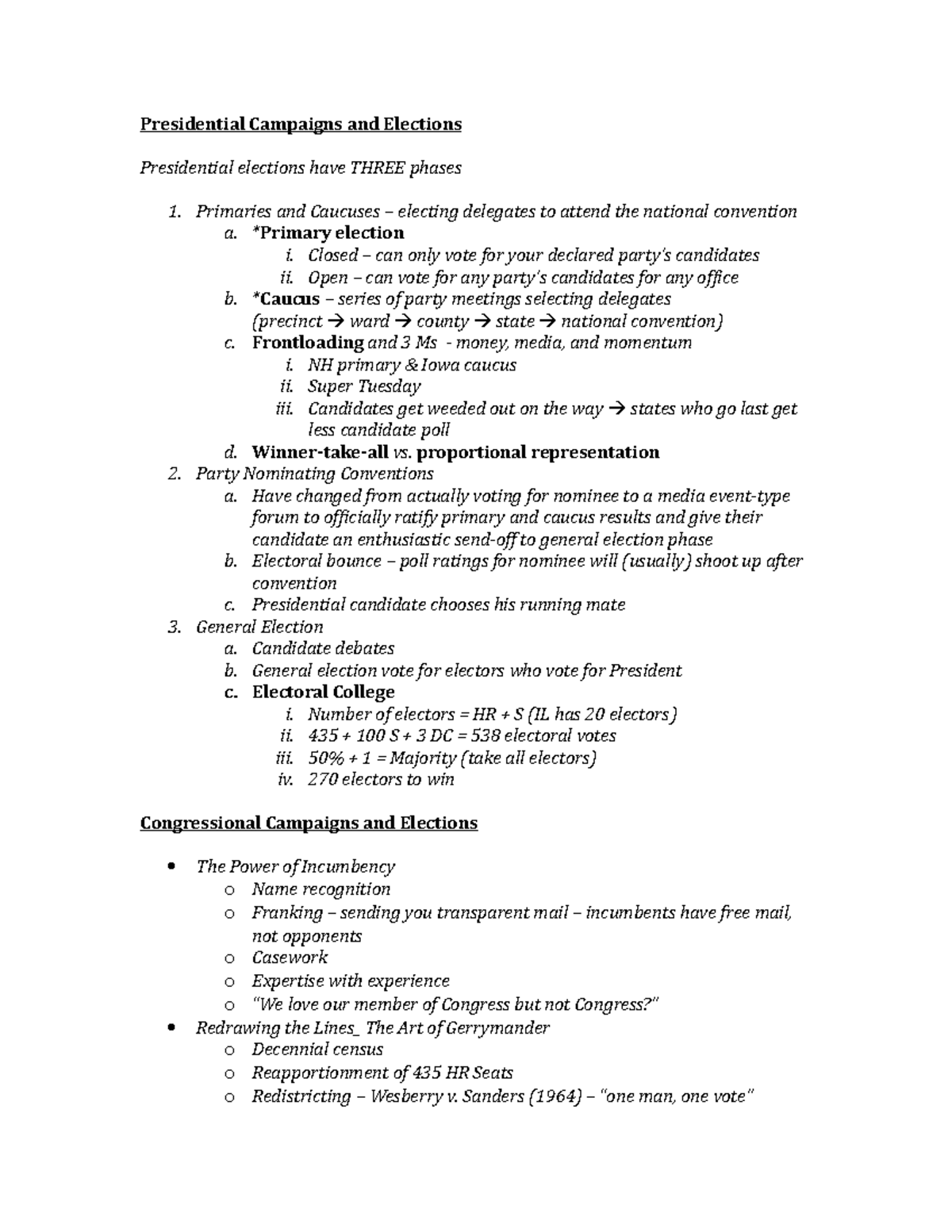 10-22 Lecture Notes - Presidential Campaigns and Elections Presidential ...