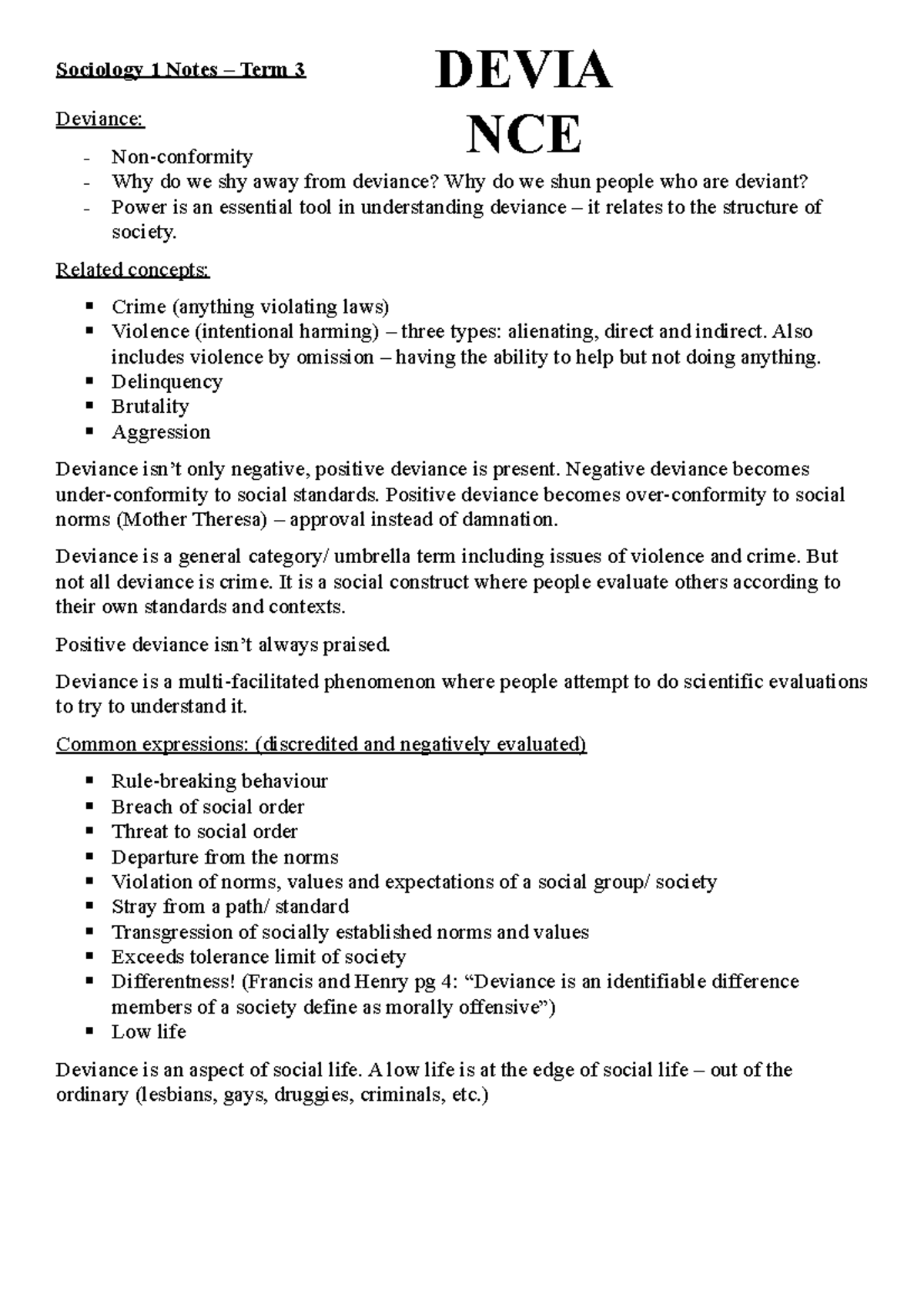 Sociology notes on deviance - Sociology 1 Notes – Term 3 Deviance ...