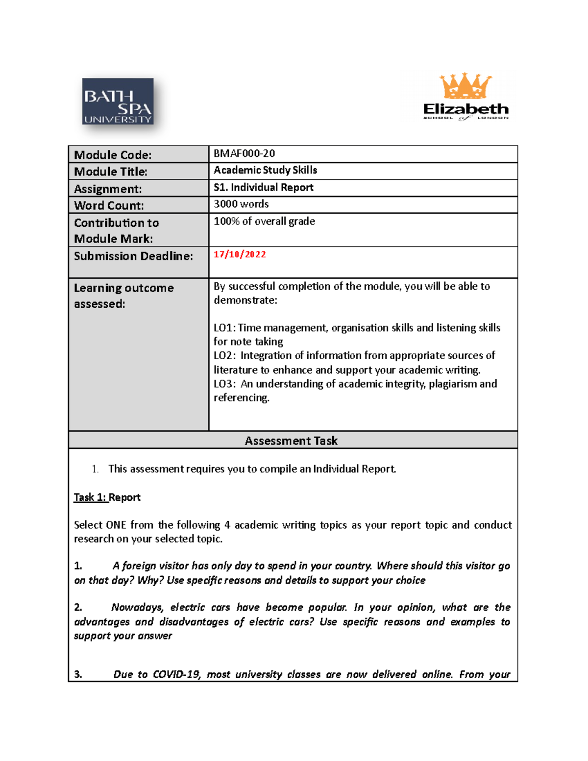 Assessment Brief - Academic Study Skills (V3) - Module Code: BMAF000 ...
