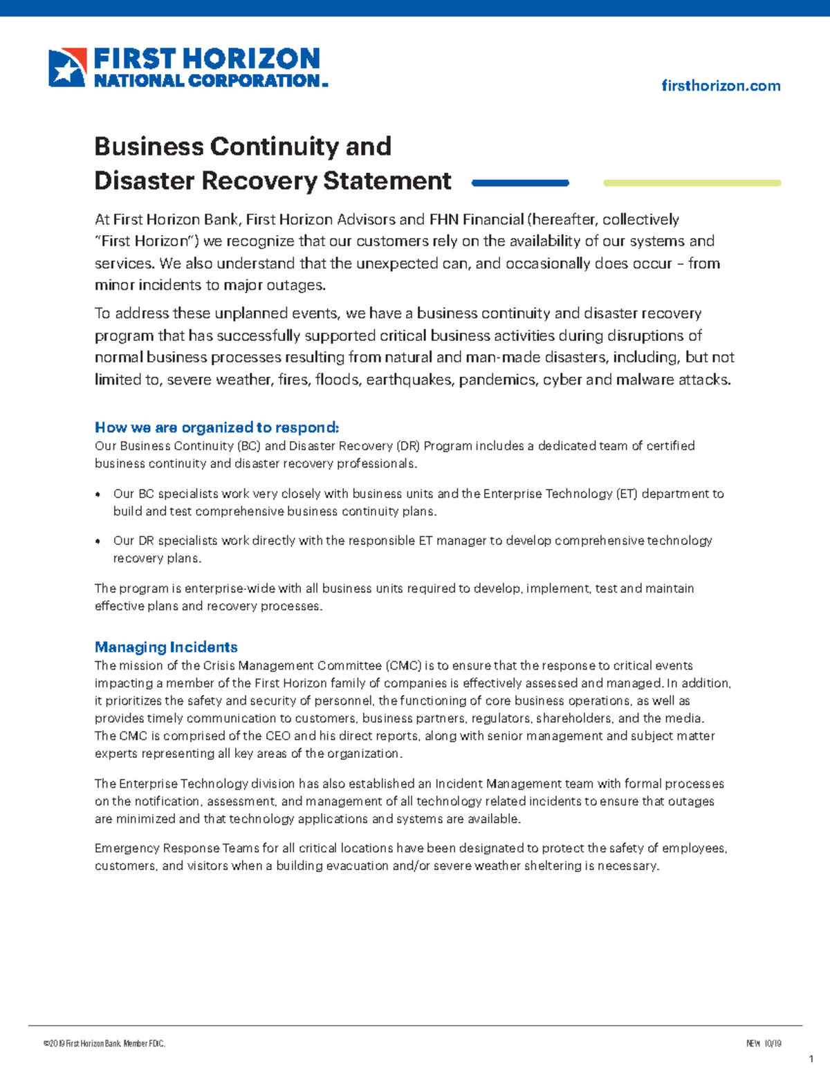 First Horizon Business Continuity Disaster Recovery Statement ...