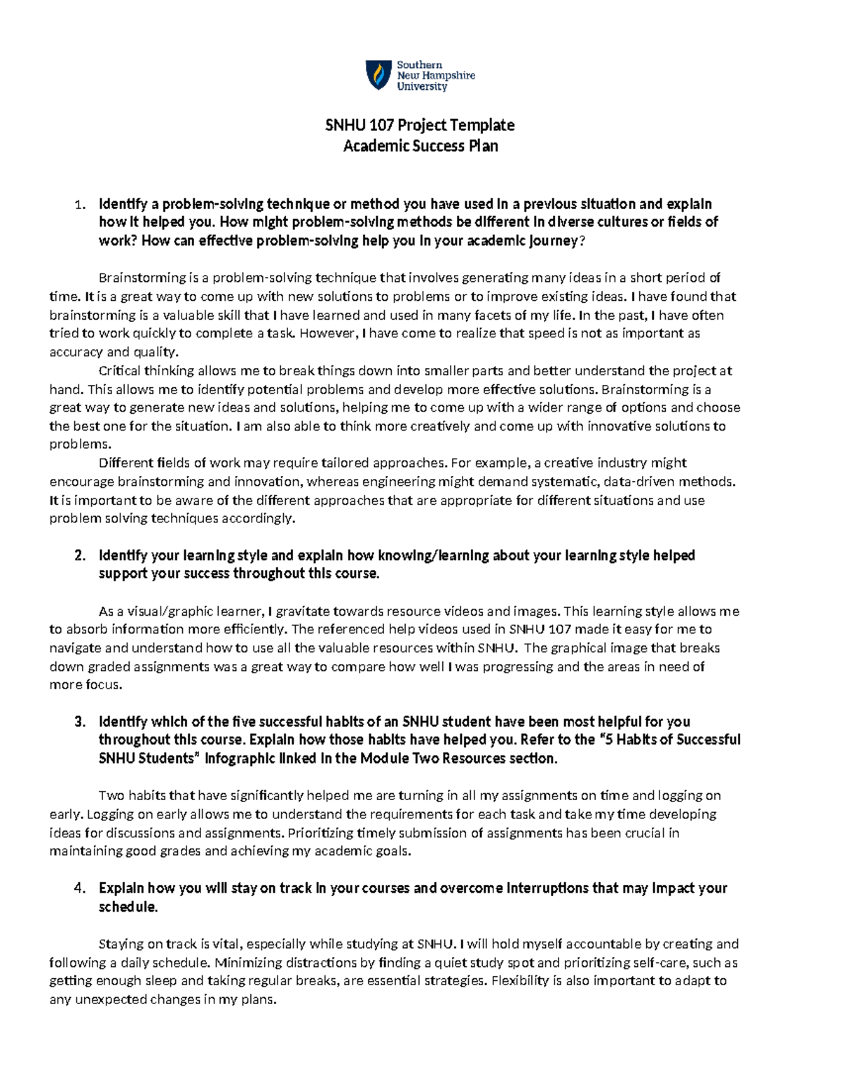 Final Project 2 - ACADEMIC SUCCESS PLAN - SNHU 107 Project Template ...