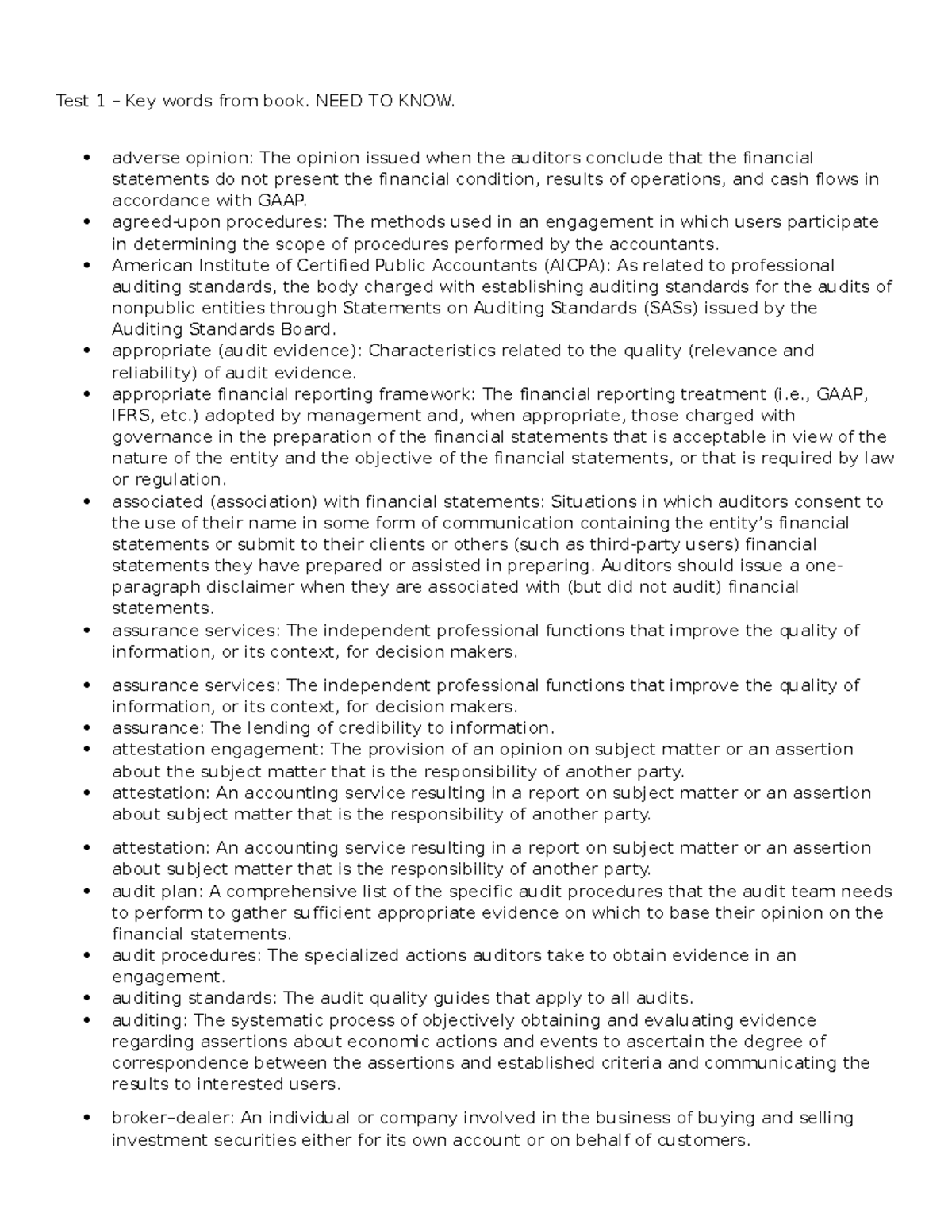 Exam 1 - Notes - This document is valid for Audit and Assurance with ...