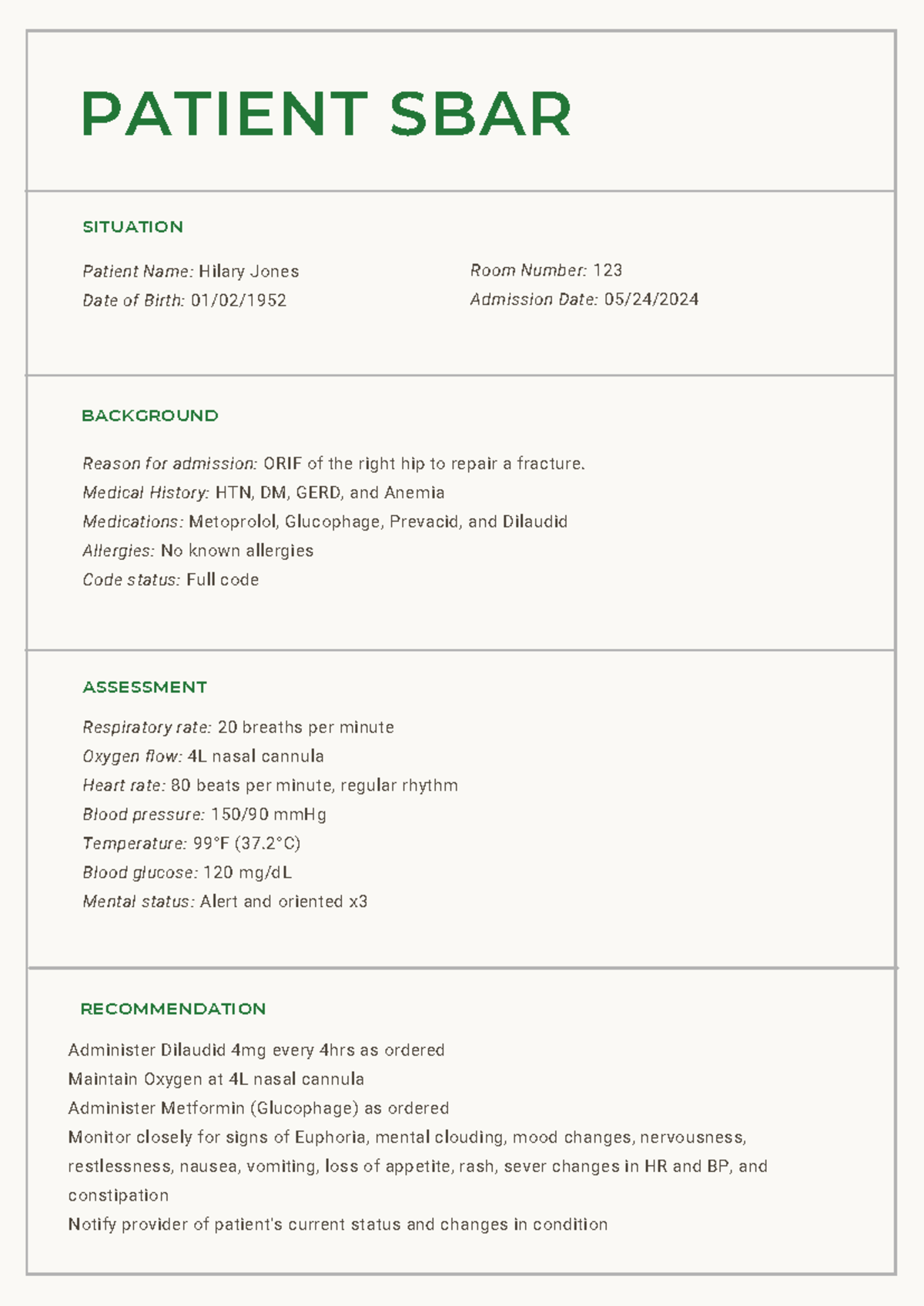 Patient SBAR Communication Template for Healthcare Settings - PATIENT ...