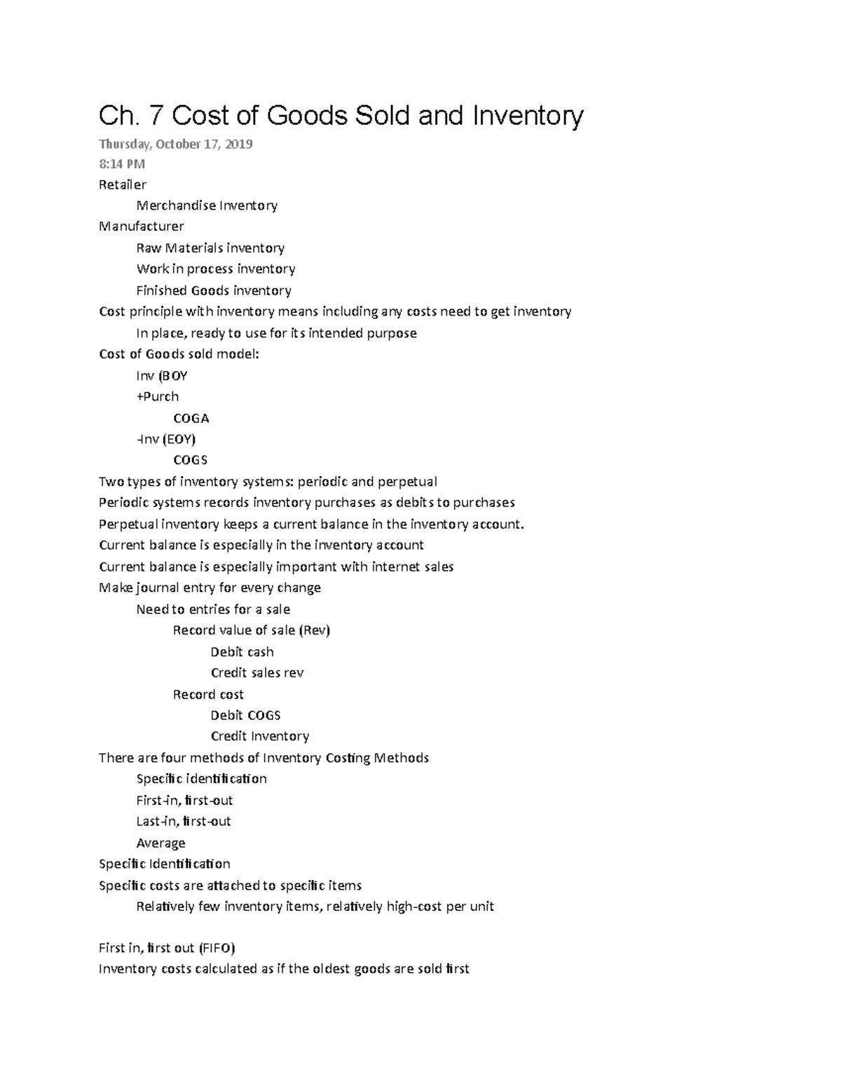 Ch 7 Summary Notes - Ch. 7 Cost of Goods Sold and Inventory Thursday ...