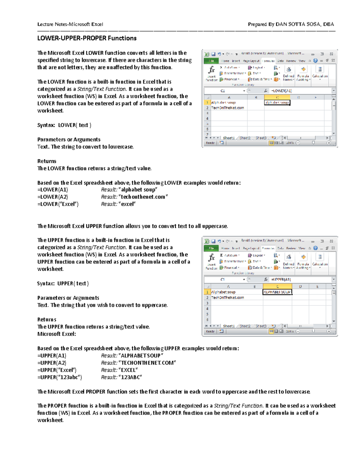 Lecture Notes Lower Upper Proper Functions Lecture Notes Microsoft Excel Prepared By Dan