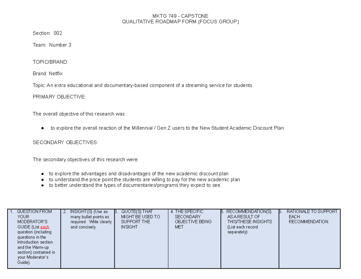 MKTG 749 -Quatitative Roadmap - Group 3 - MKTG 749 - CAPSTONE ...