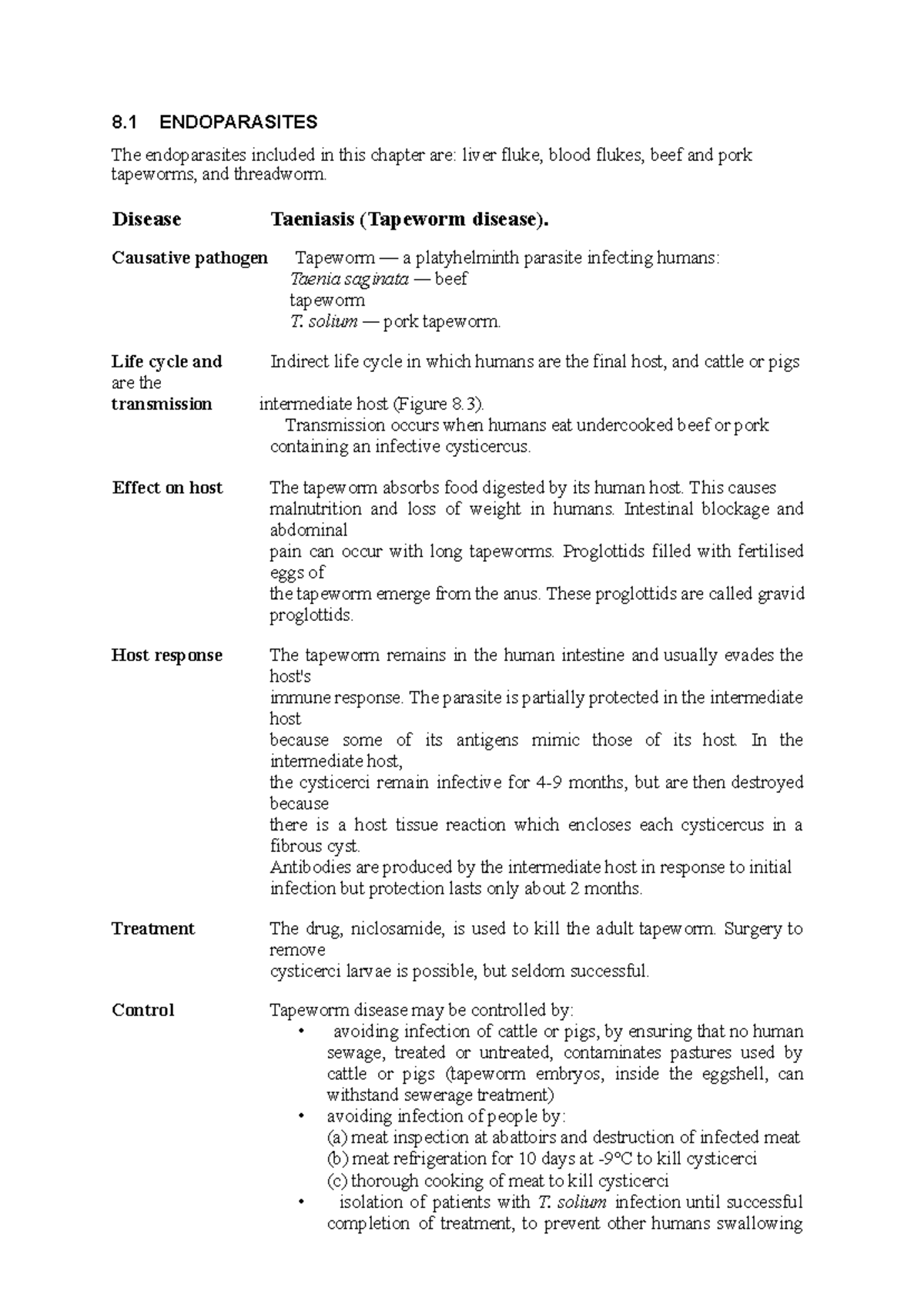 Macroparasite notes - 8 ENDOPARASITES The endoparasites included in ...