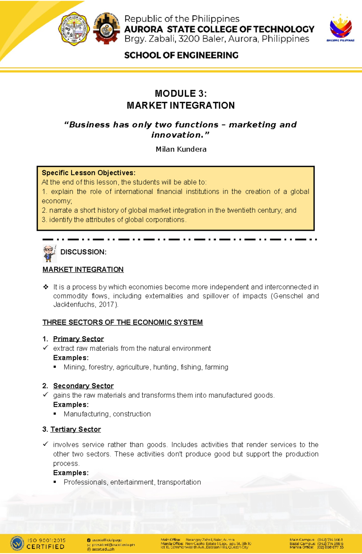 Module 3 Contemporary World - Specific Lesson Objectives: At the end of ...