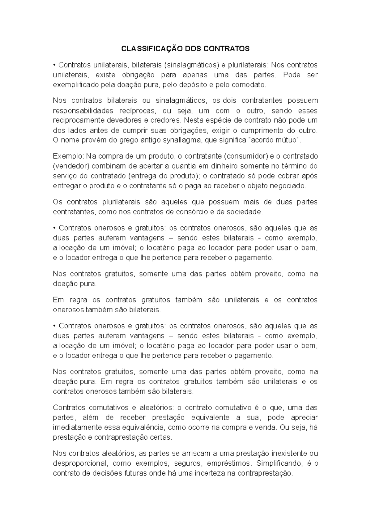 Classificação dos Contratos - CLASSIFICAÇÃO DOS CONTRATOS Contratos ...