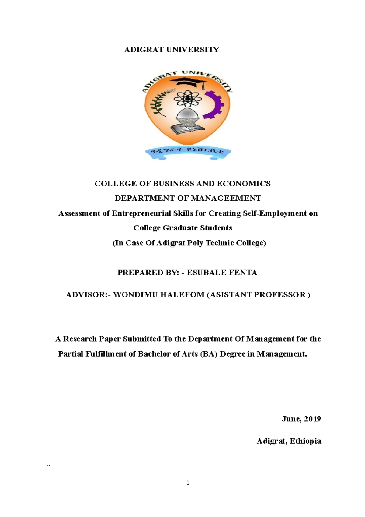 Dawwiti.final research - ADIGRAT UNIVERSITY COLLEGE OF BUSINESS AND ...