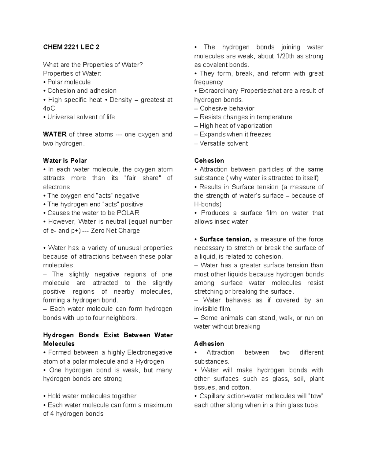 Chem lec 2,4 - biochemistry lesson 2, 3 and 4 - CHEM 2221 LEC 2 What ...