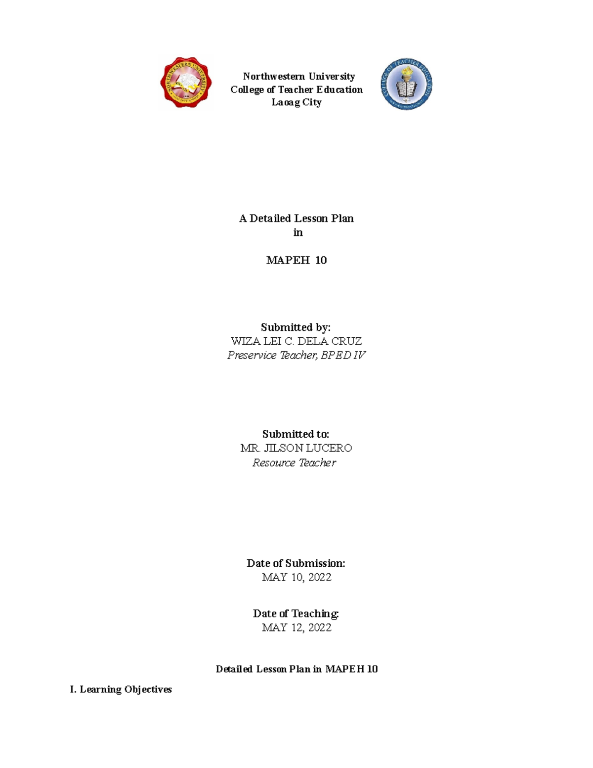 Lesson PLAN FOR Final DEMO - Northwestern University College of Teacher ...