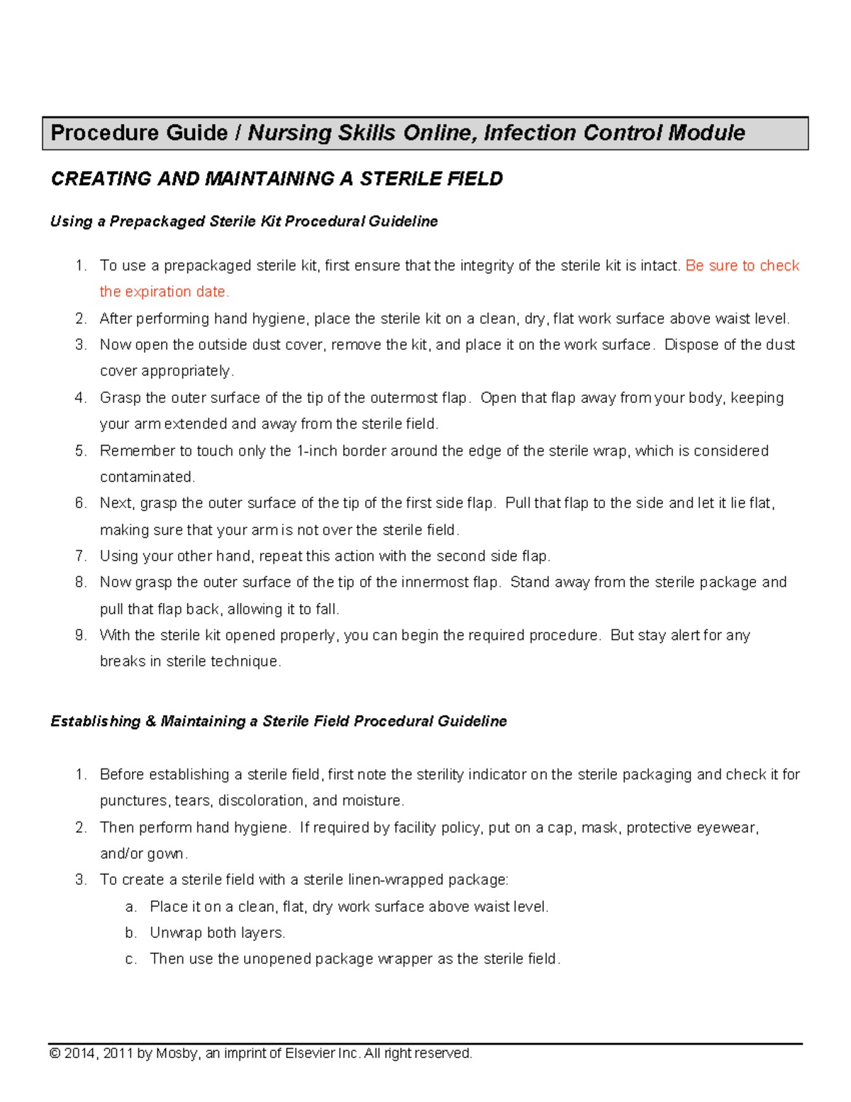 Preperation of a sterile field - Procedure Guide / Nursing Skills ...