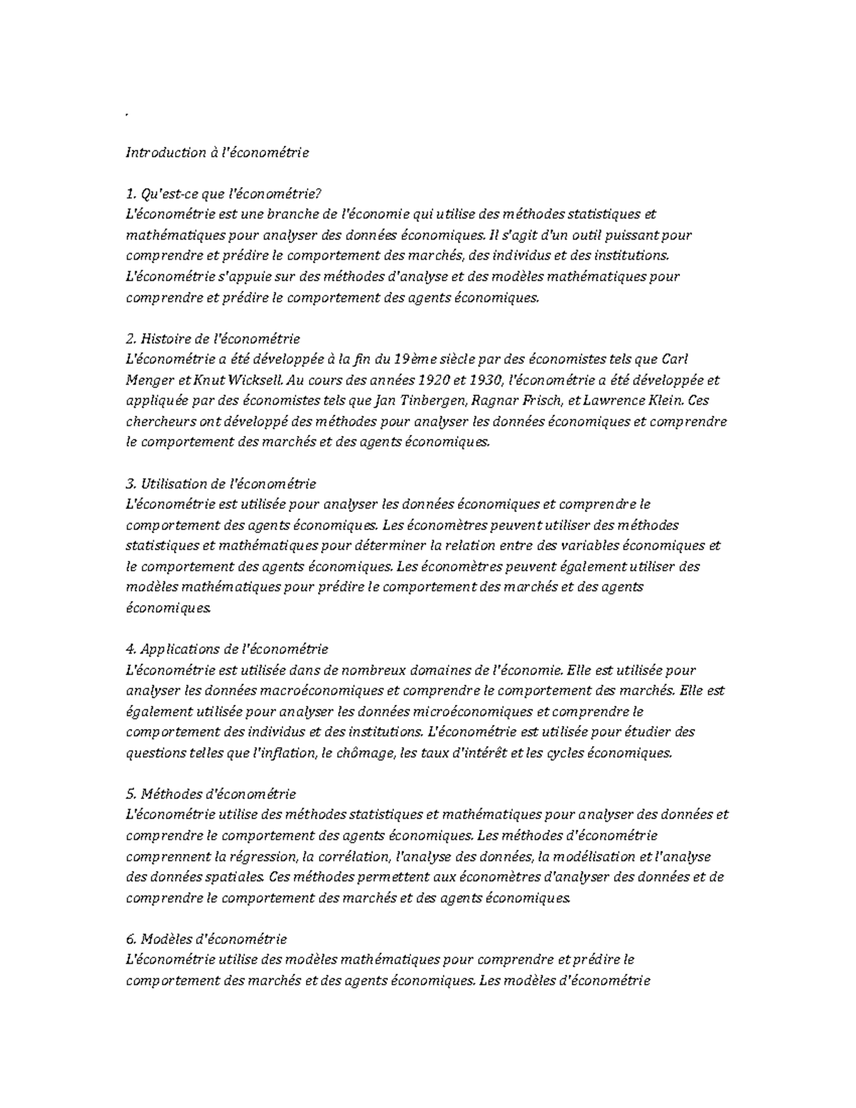 Econometrics note study - . Introduction à l'économétrie Qu'est-ce que l'économétrie? L ...