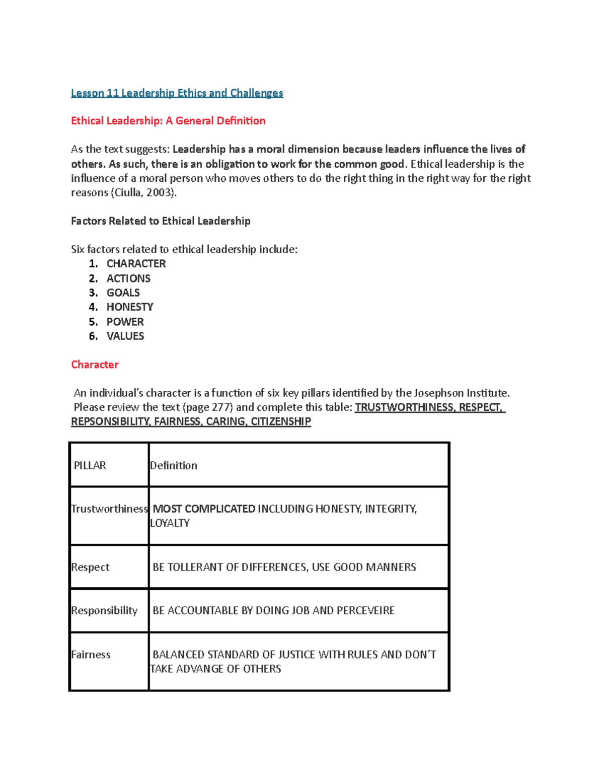 Lesson 11 - Lesson 11 Leadership Ethics and Challenges Ethical ...