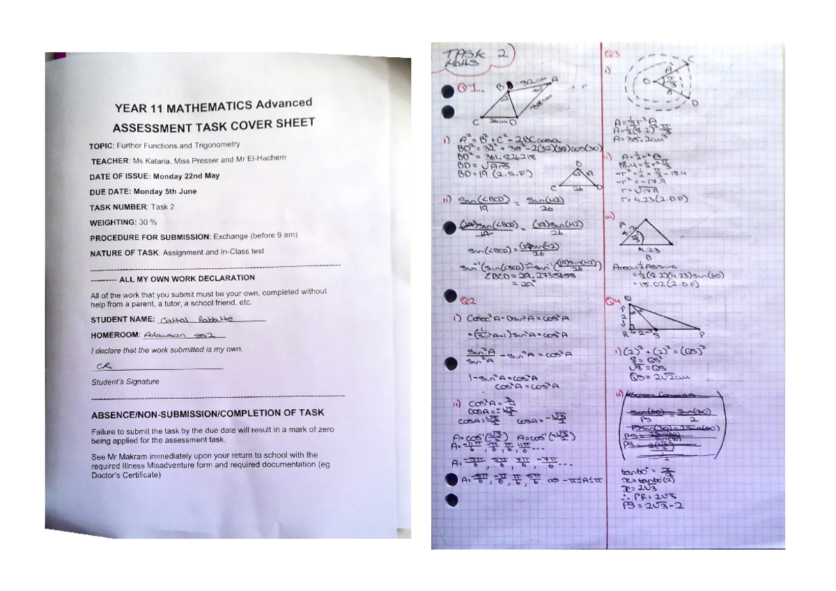 YEAR 11 Maths TASK 2 - n/awefbv8ueripbcv8u-2ebf - TASK 2 Maths 1) Q1. B ...
