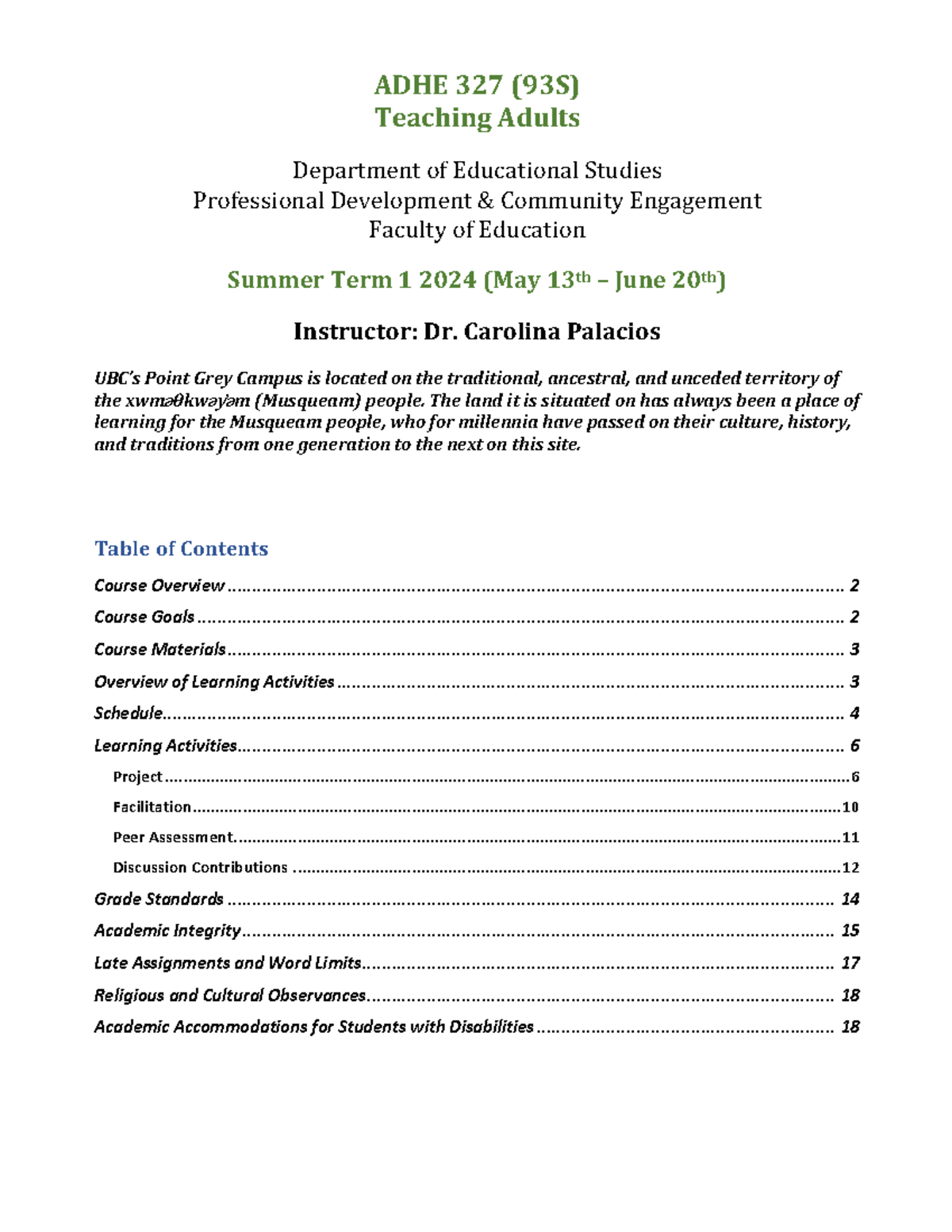 ADHE 327 Summer 2024 Course Outline.Syllabus - C - ADHE 327 ( 93 S ...
