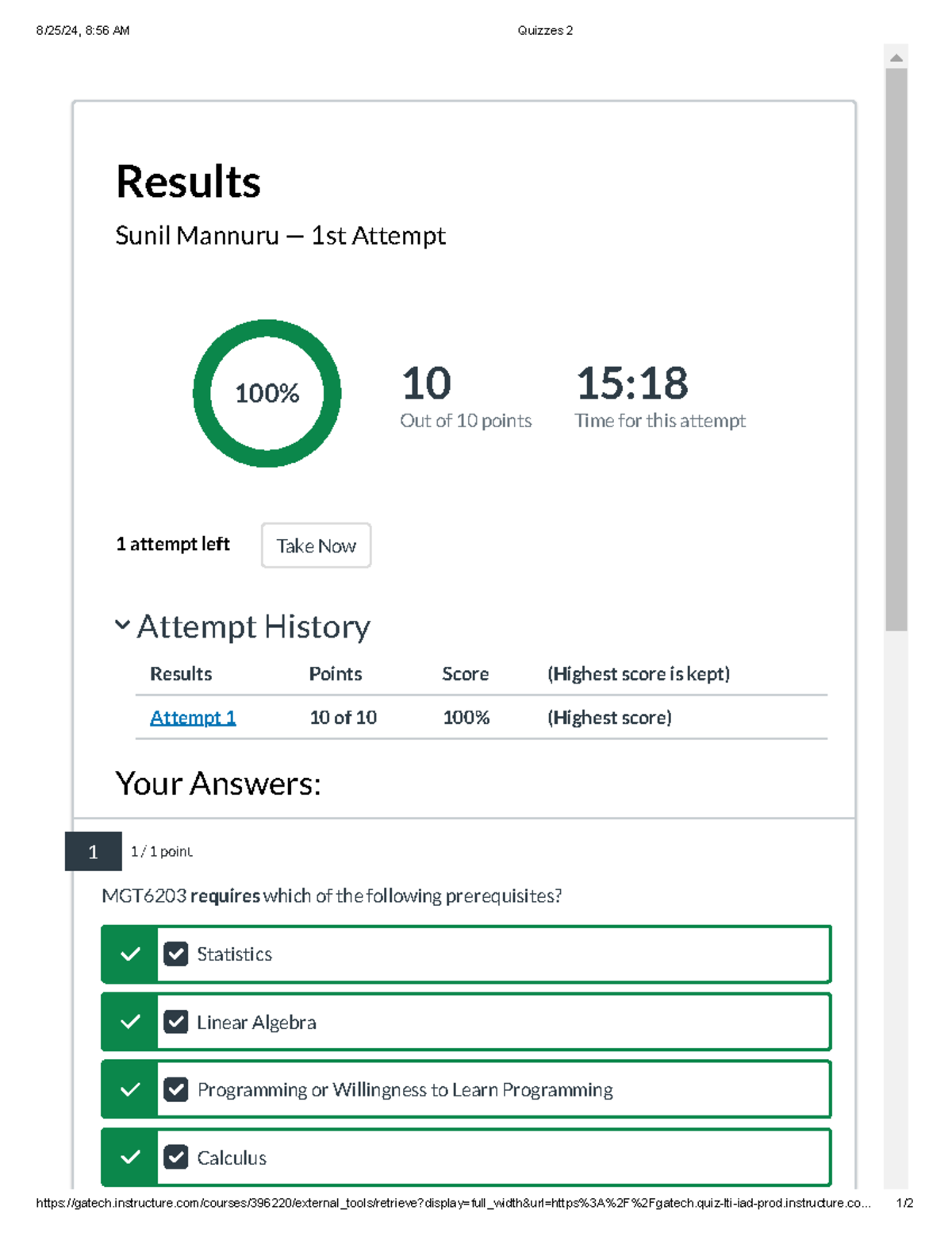 Quizzes 2 - qwrer - Results Sunil Mannuru — 1st Attempt 10 Out of 10 ...