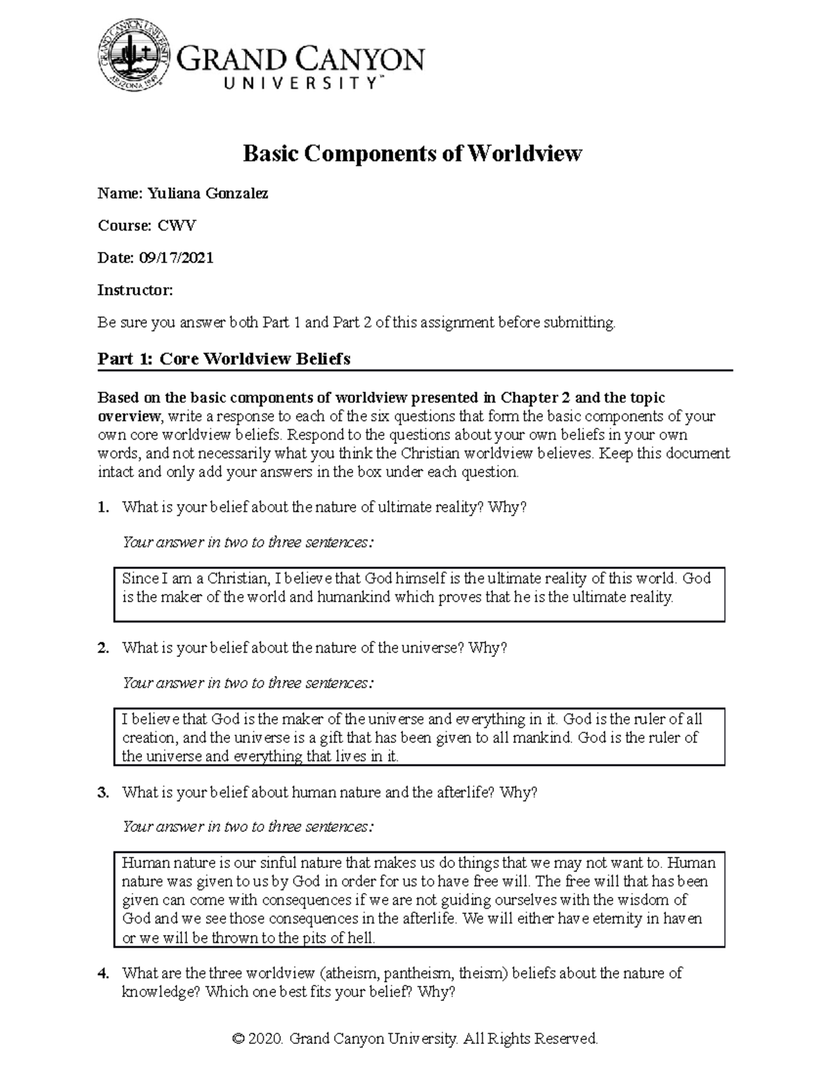 Yuliana.G CWV-101Basic Components Of Worldview - Basic Components of Worldview Name: Yuliana ...
