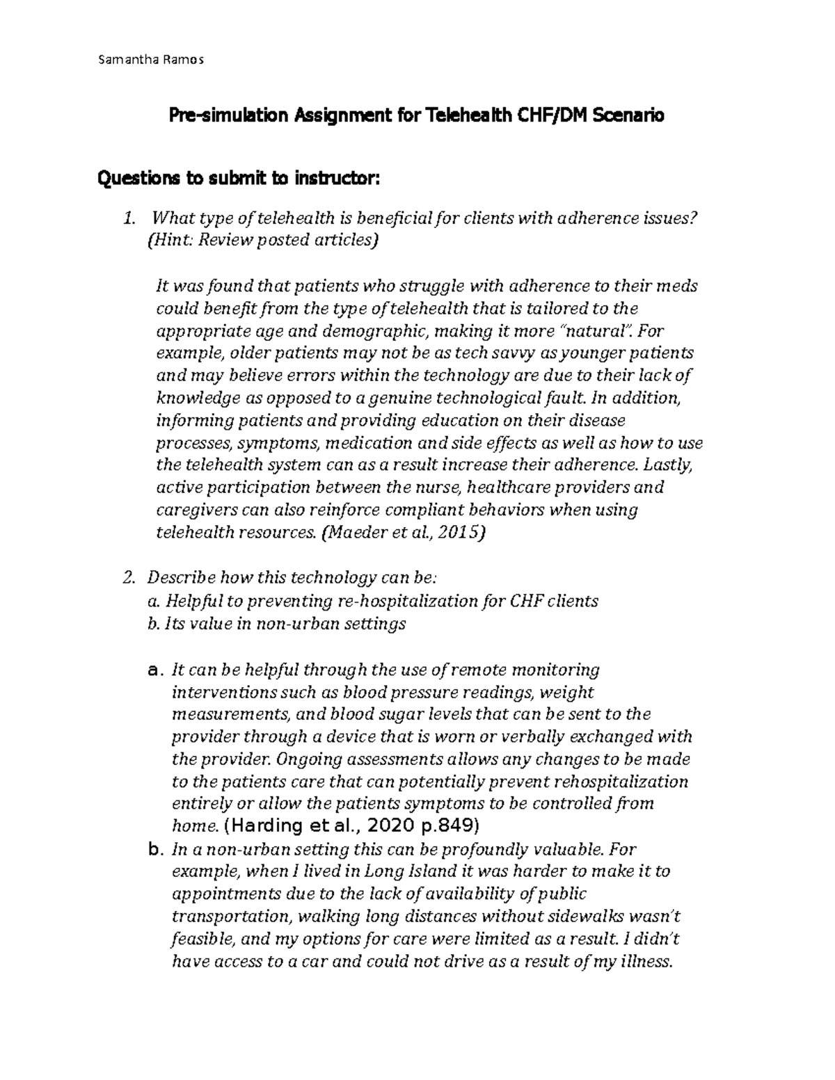 Telehealth pre sim assignment - Pre-simulation Assignment for Telehealth CHF/DM Scenario ...