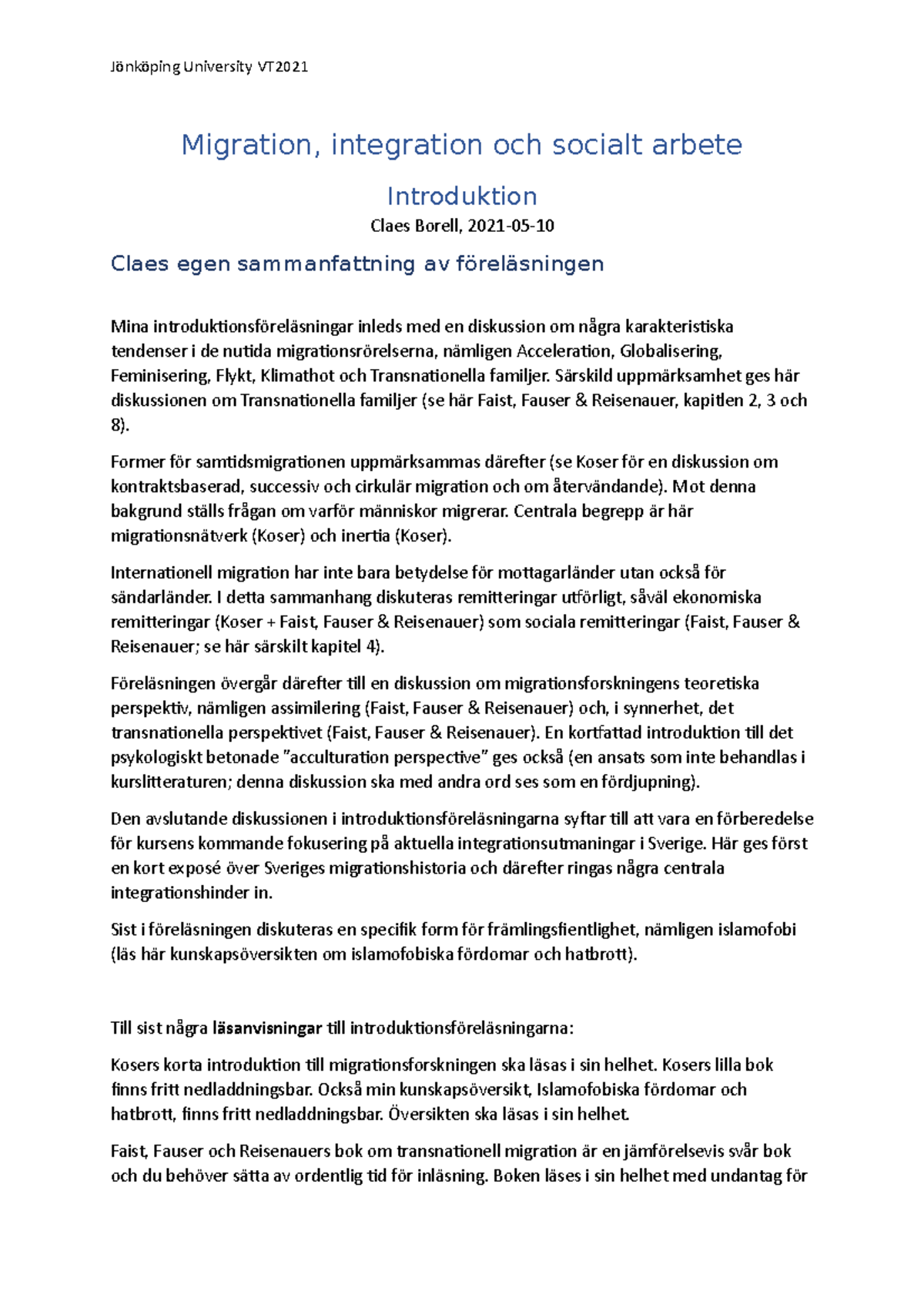 Migration, integration och socialt arbete anteckningar - Migration ...