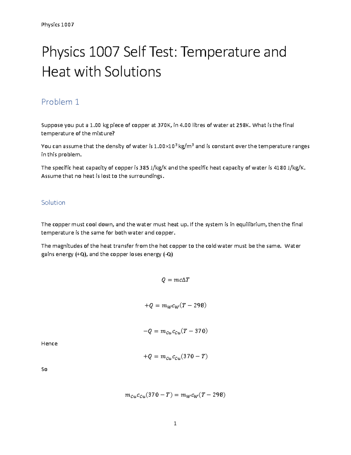 Phys 1007 Heat Transfer and Temperature Self Test with Solutions ...