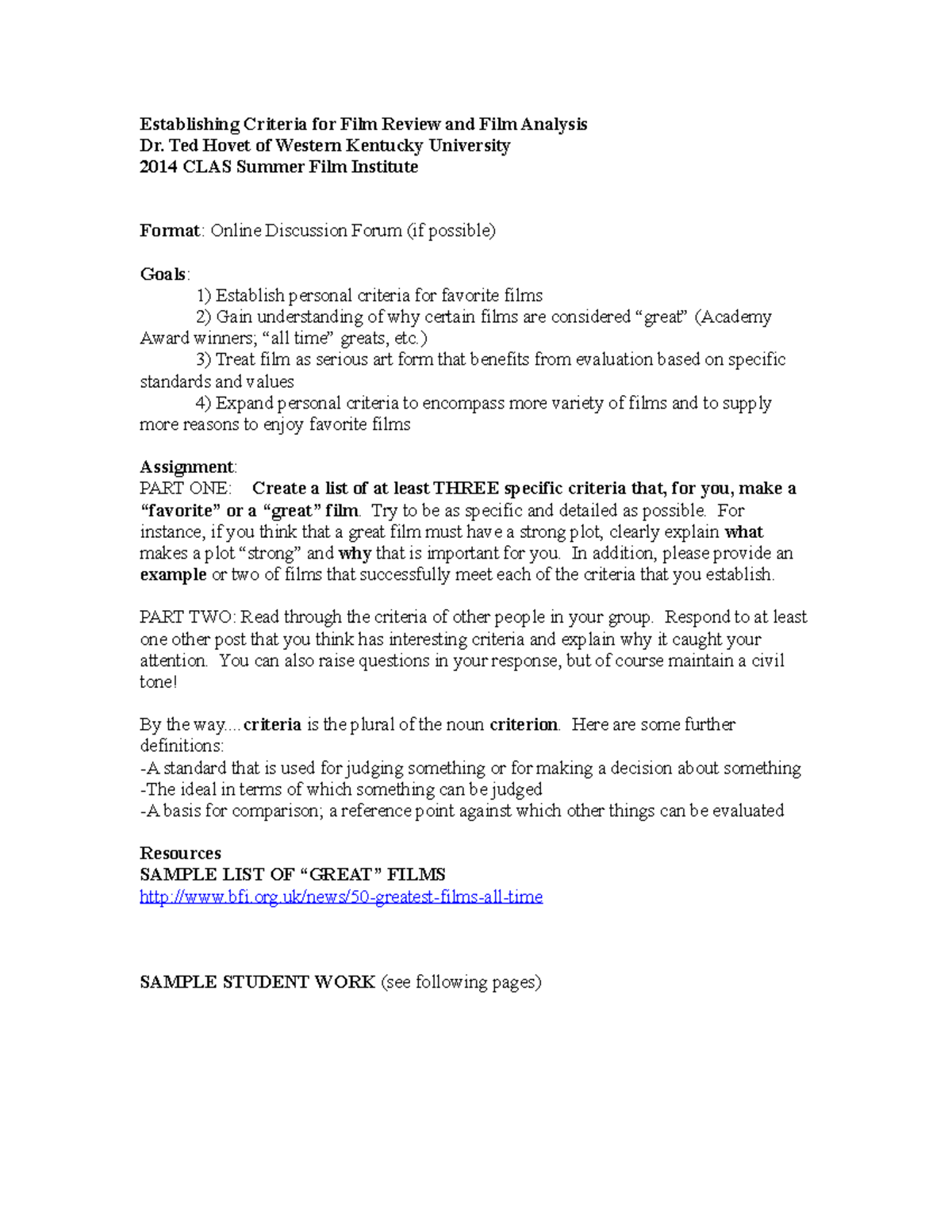 Film Review Criteria - Establishing Criteria for Film Review and Film ...