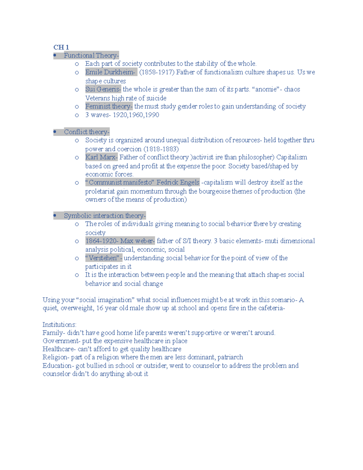 Notes for Soc - CH 1 Functional Theory- o Each part of society ...